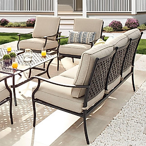PatioFestival Patio Conversation Set 6 Pieces Metal Outdoor Furniture Seating Sets with Beige Thick Cushions, Rocking Chairs & Coffee Table & Loveseat