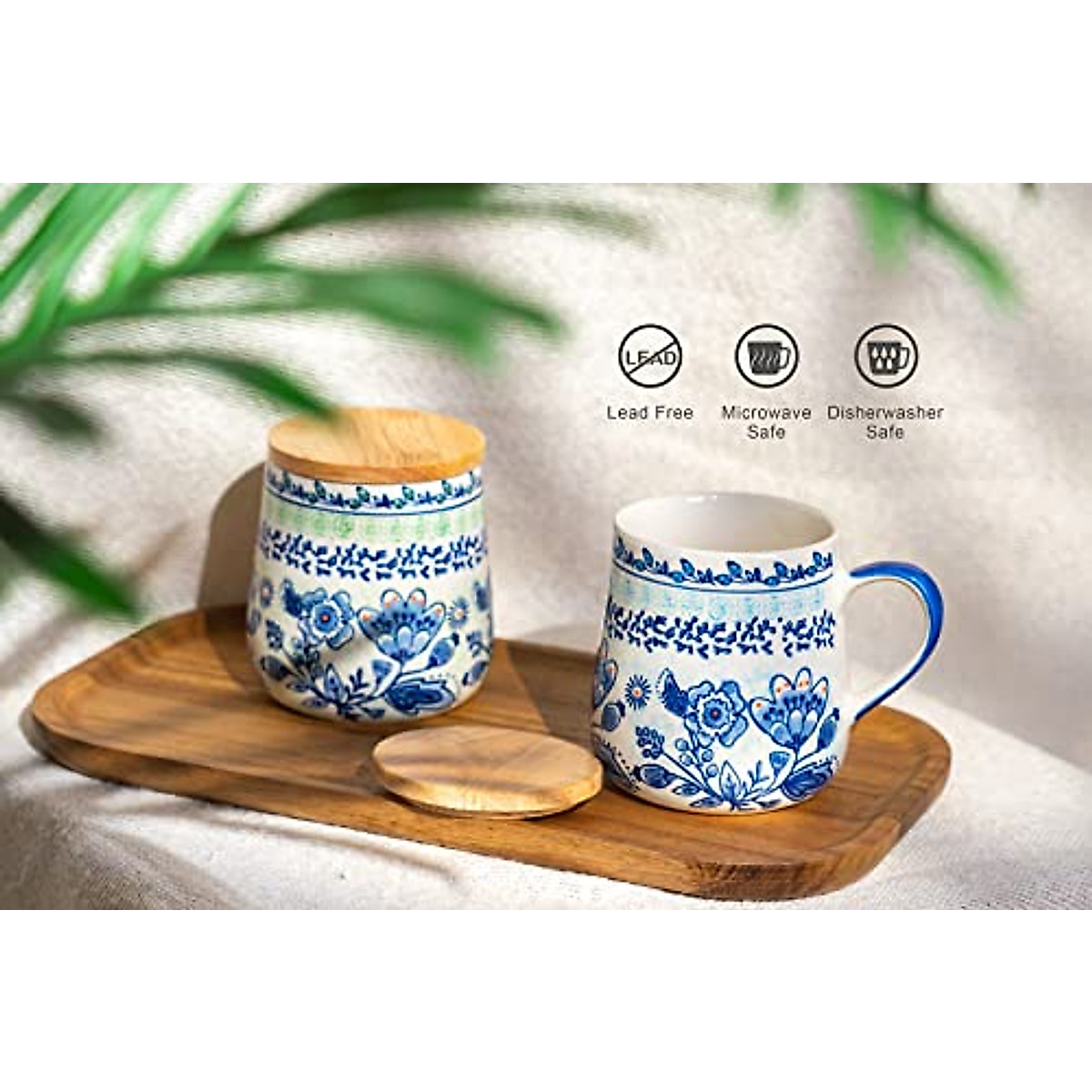 Taimei Teatime Coffee Mug with Lid, Set of 2, 16.5 oz, Ceramic Coffee Mugs with Handpainted Floral Pattern, Mugs Gift Set for Tea Lover, Woman and Couple, Microwave and Dishwasher Safe
