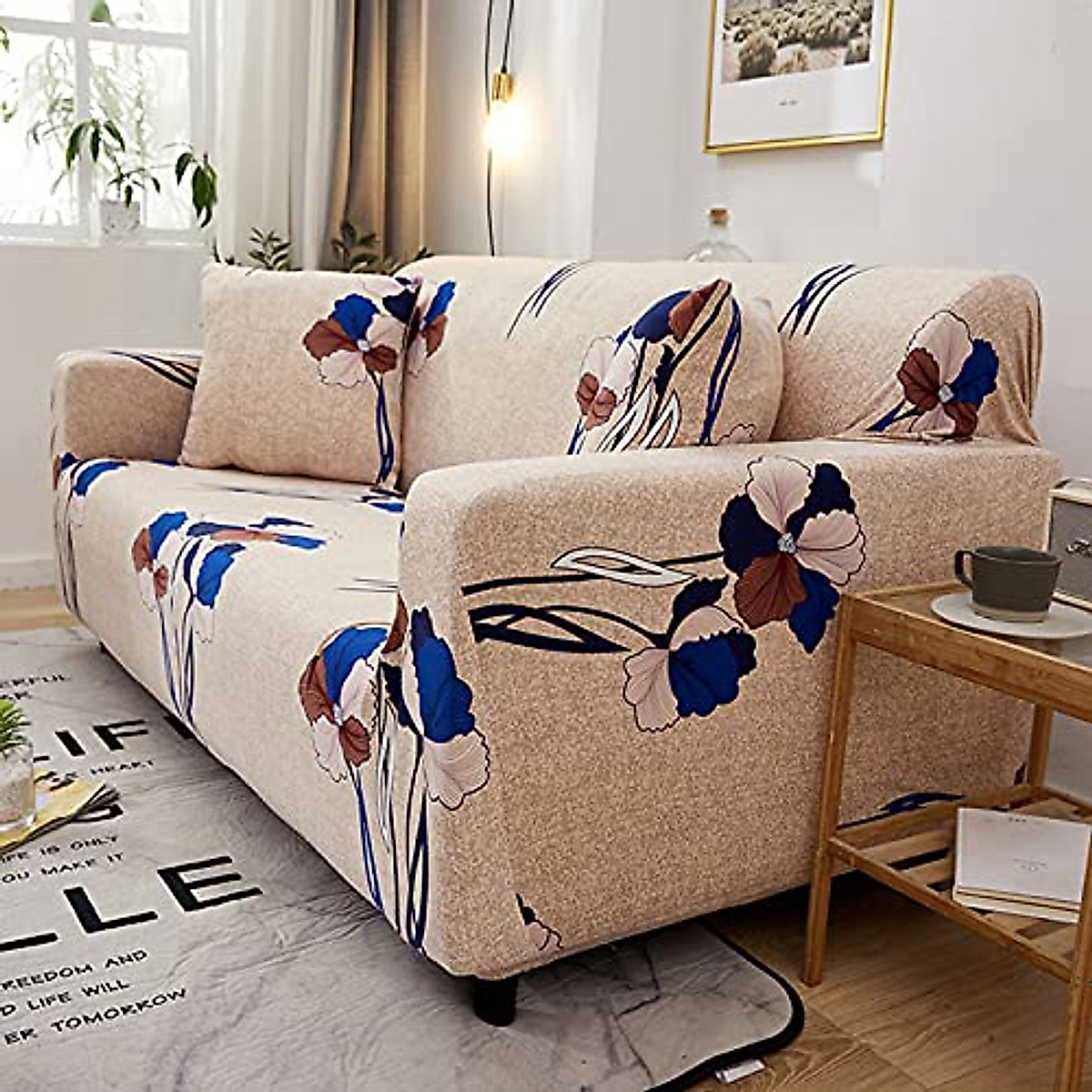 AMDXD 4 Seater Recliner Couch Cover 235-300cm, Polyester Furniture Covers Light Brown Dark Blue Flower Anti-Slip Super Stretch Sofa Cover Style 10