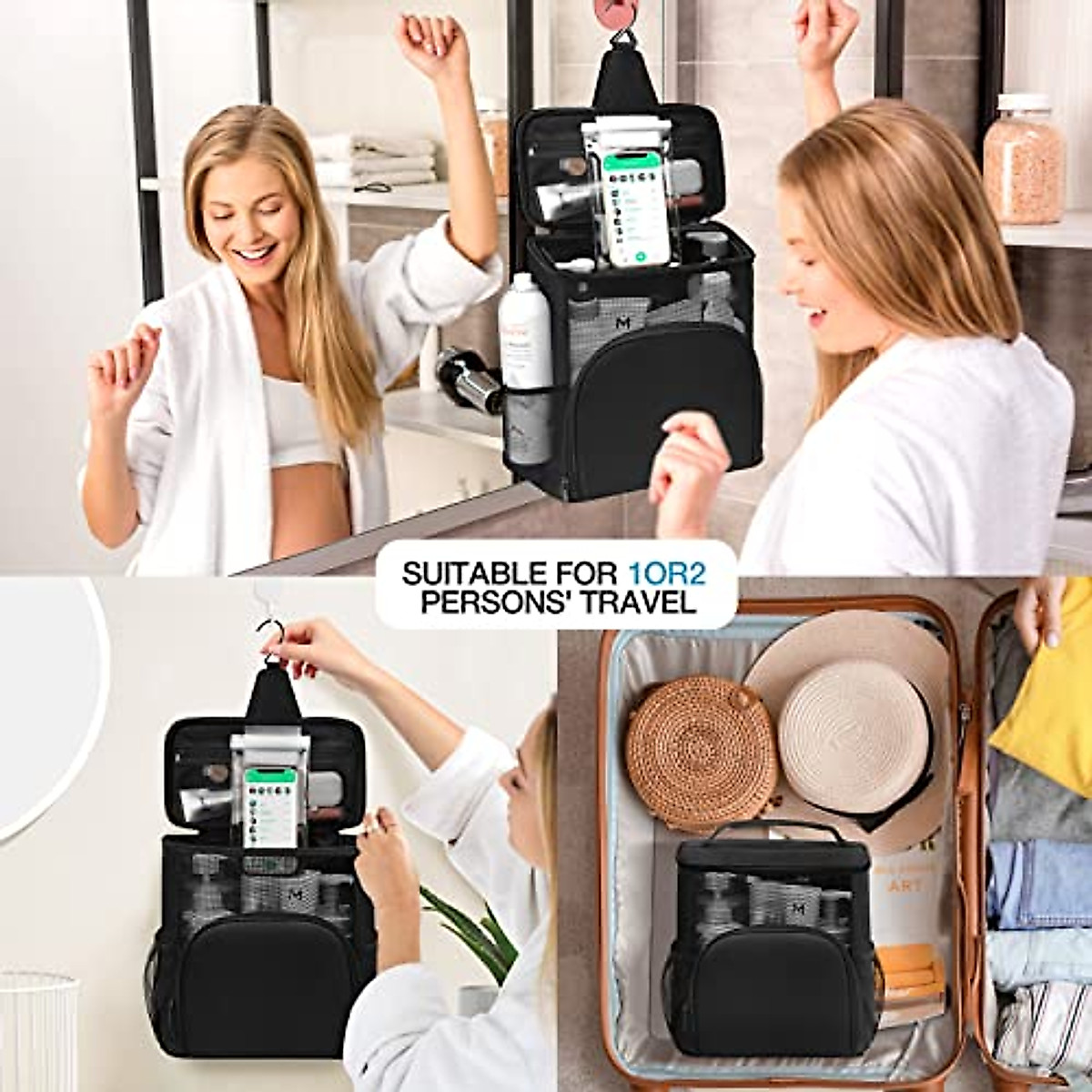 BINSUNS Portable Shower Caddy, Hanging Toiletry Bag with Phone Pocket, Travel Shower Caddy Organizer College Essentials - College, Dorms, Gym, Camp, Bath(Black)