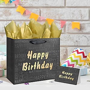 13" Large Black and Gold Happy Birthday Gift Bag with Tissue Paper and Card for Men Women Birthday