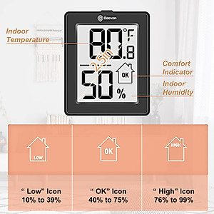 Geevon 1 Pack Indoor Thermometer Room Hygrometer Digital Temperature Humidity Gauge with Battery,Temperature Humidity Meter Indicator for Home, Office, Greenhouse Black