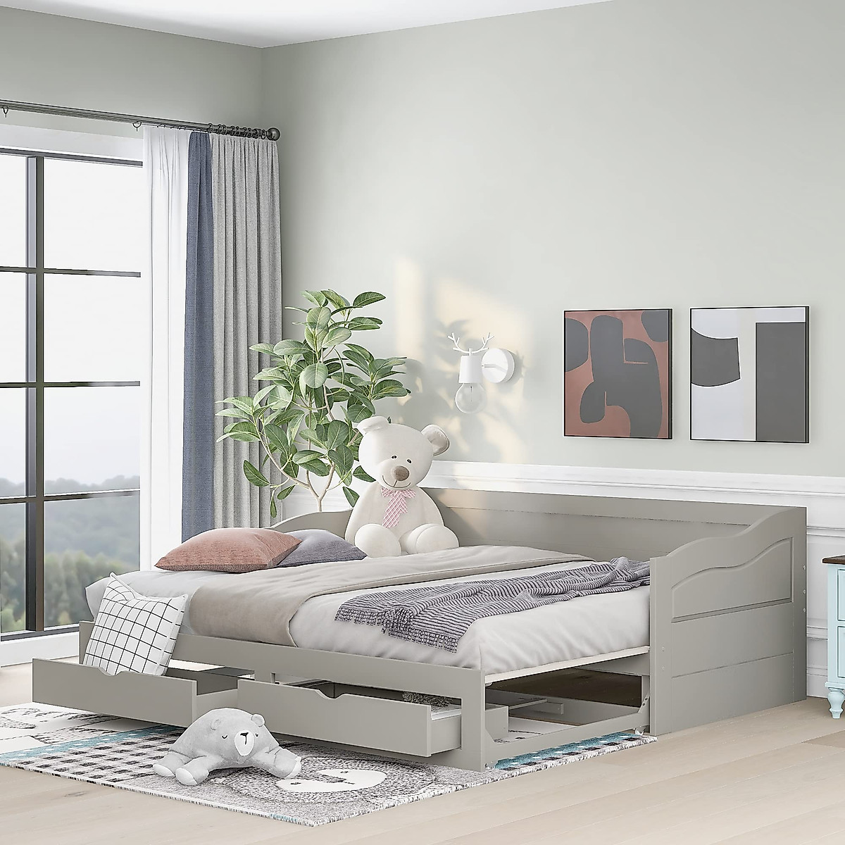 RUNWON Twin to King Size Wooden Daybed with Put-Out Trundle Bed and Storage Drawers,Versatile and Expandable Bed Frame for Kids Adults