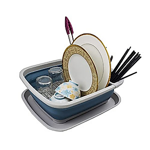 SAMMART 8L (2.11Gallons) Collapsible Dish Drainer with Drainer Board - Foldable Drying Rack Set - Portable Dinnerware Organizer - Space Saving Kitchen Storage Tray (Grey/Steel Blue, 1)