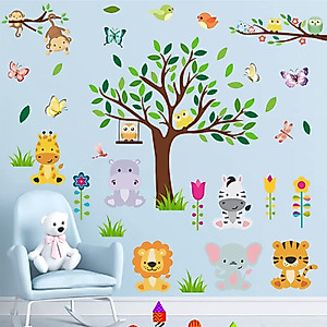 Cartoon Animal Wall Stickers Forest Tree Animal Wall Stickers Jungle Animal Wall Decals Woodland Animal Wall Decals Cute Zoo Animal Wall Stickers for Kids Room Playroom Nursery Decor