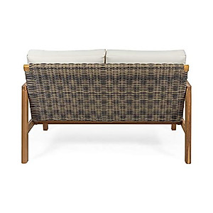 Christopher Knight Home Diana Outdoor Acacia Wood Loveseat with Wicker Accents, Teak Finish, Gray, Beige