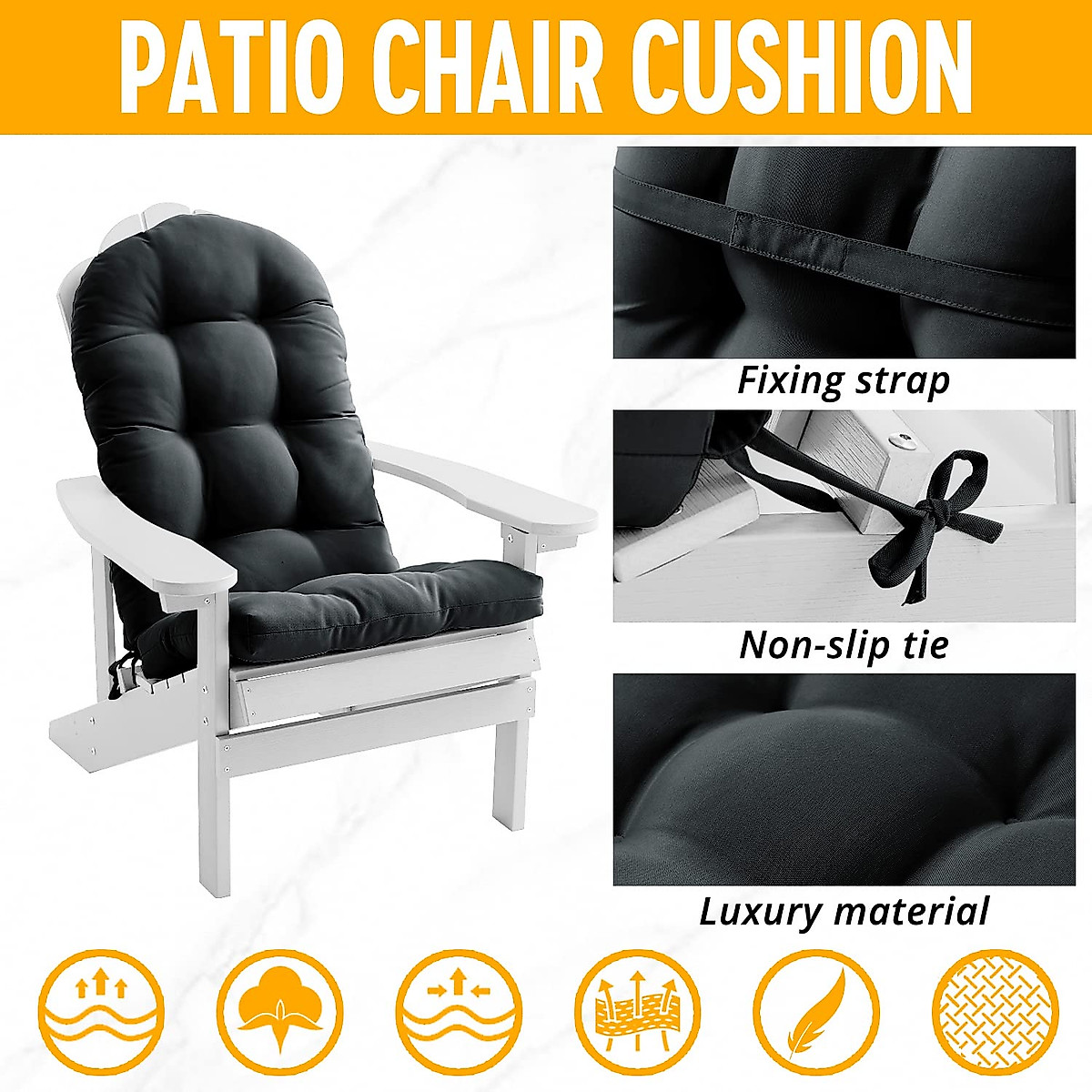 FILUXE Adirondack & Rocking Chair Cushion, High Back Patio Cushions - Waterproof Solid Tufted Pillow, Indoor/Outdoor Pads with Ties, Fade-Resistant & Seasonal All Weather Replacement (Deep Gray, 1)