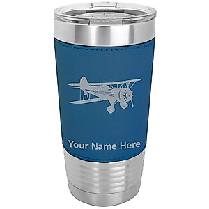 LaserGram 20oz Vacuum Insulated Tumbler Mug, Biplane, Personalized Engraving Included (Faux Leather, Blue)