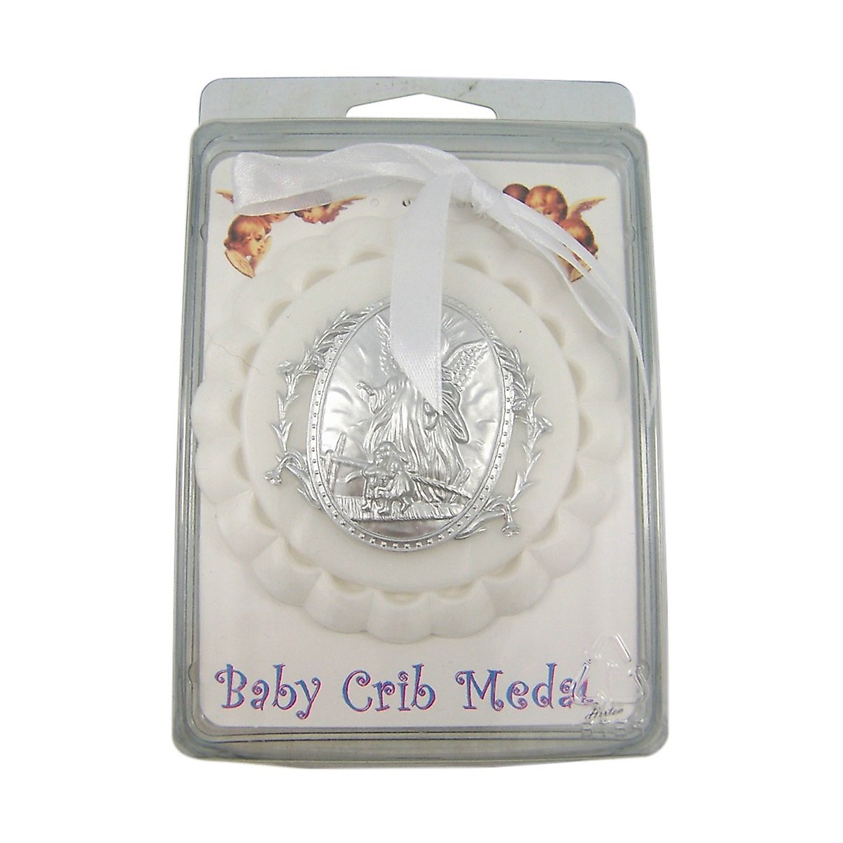 Moulded Acrylic White Crib Medal with Guardian Angel for Baby Nursery Decor, 3 1/2 Inch