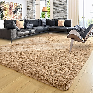 Ompaa Beige 8x10 Feet Large Area Rugs Fluffy Living Room Carpet, Wall to Wall Big Shag Light Tan Rug for Bedroom Kids Playroom Classroom Nursery Home Office Decor