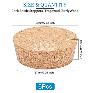 BENECREAT 6Pcs Cork Bottle Stoppers, Tapered BurlyWood Wooden Wine Bottle Cork Stoppers for Wine Beer Bottle Crafts, 2.5inch in Diameter