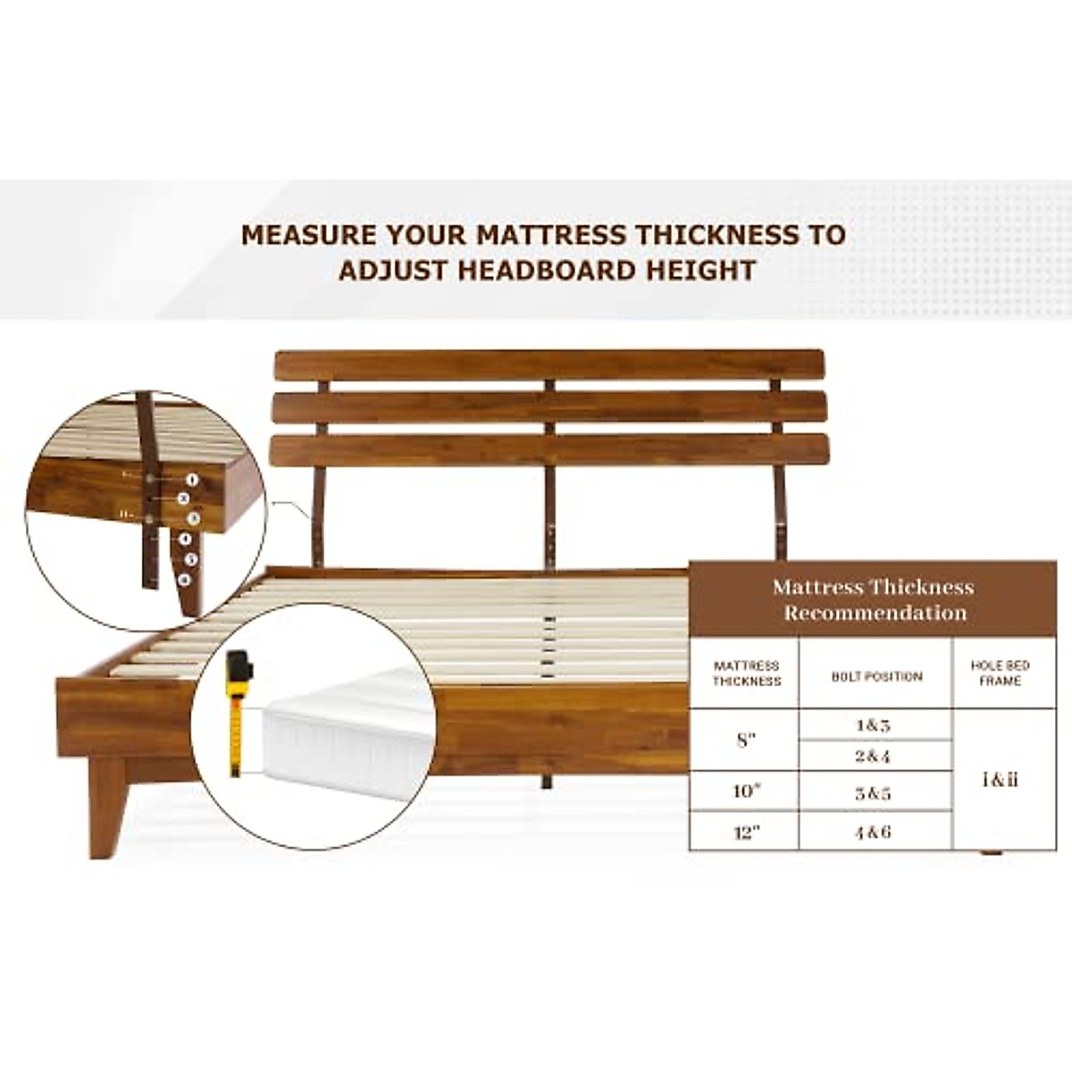 Bme Caden 15 Inch Deluxe Bed Frame with Adjustable Headboard - Mid Century, Retro Style with Acacia Wood - No Box Spring Needed - 12 Strong Wood Slat Support - Easy Assembly - Caramel, King