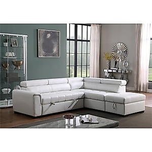 Infini Right Sided Faux Leather Sleeper Sofa with Storage Ottoman in White