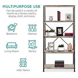 Best Choice Products 5-Tier Rustic Industrial Bookshelf Display Décor Accent for Living Room, Bedroom, Office w/Metal Frame, Wood Shelves - Gray