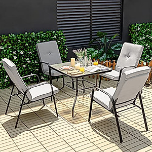 Tangkula 5 Piece Patio Dining Set, Outdoor 35 Inches Square Tempered Glass Table with 1.65 Inches Umbrella Hole and 4 Stackable Dining Cushioned Chairs, Suitable for Poolside, Backyard, Garden