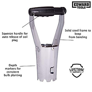 Edward Tools Bulb Planter - Bend Free Tool for Planting Bulbs - Automatic Soil Release for Digging/refilling Hole - Depth Marker for More consistent Planting Tulips, Daffodils, Dahlias