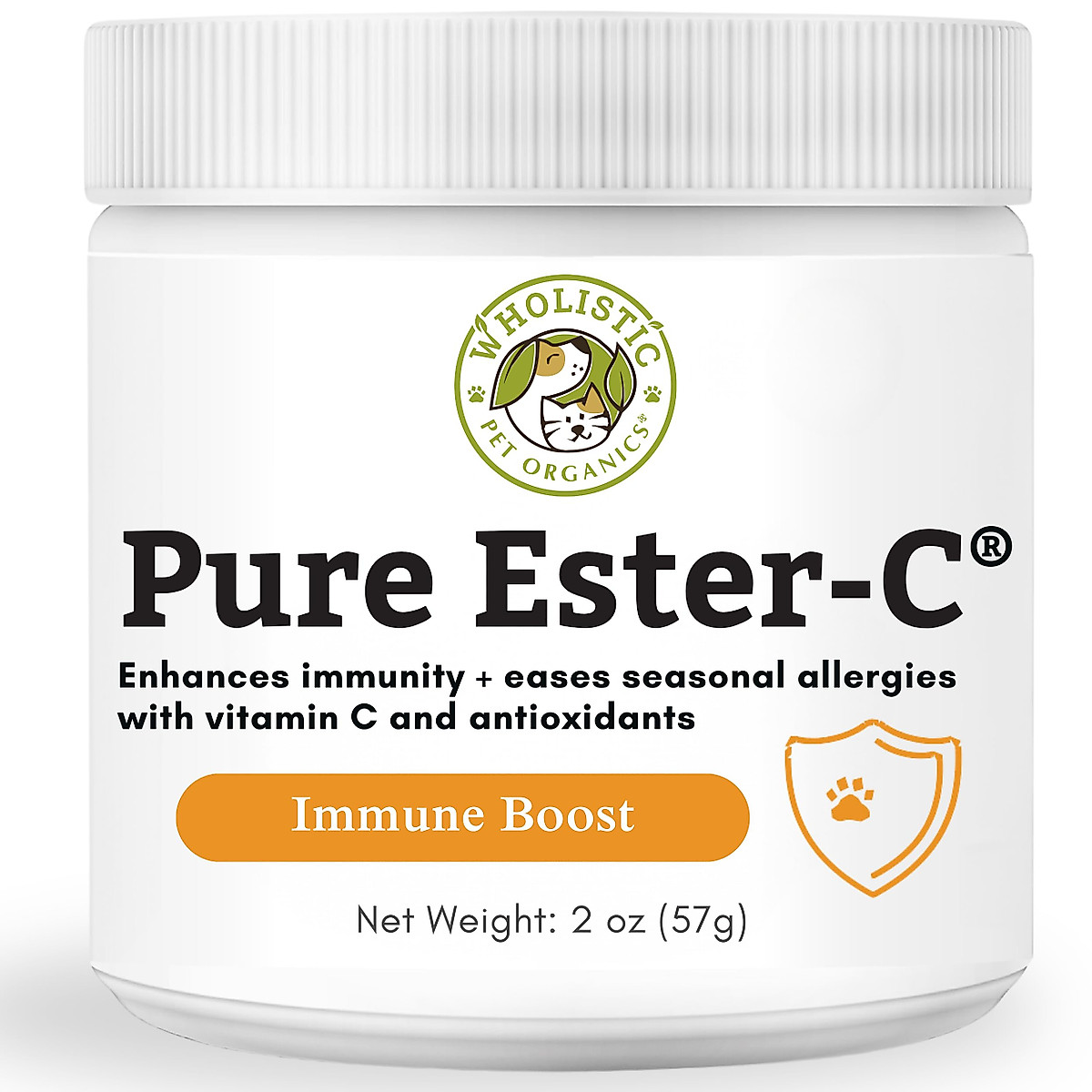Wholistic Pet Organics Pure Ester-C Powder for Dogs & Cats - 2 Oz - Vitamin C Supplement for Immune Support, Skin & Coat Health, & Allergy Relief - Dog Vitamin Powder for Itchy Skin & Homemade Food