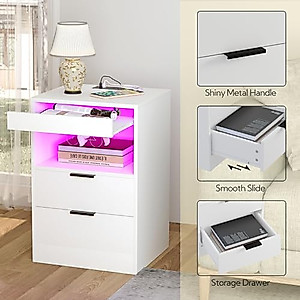 Yusong Night Stand, Bedside Table, LED Nightstand with Charging Station, Modern Night Stand White,Wood Sofa Couch End Side Table with 2 Pull-Out Shelf