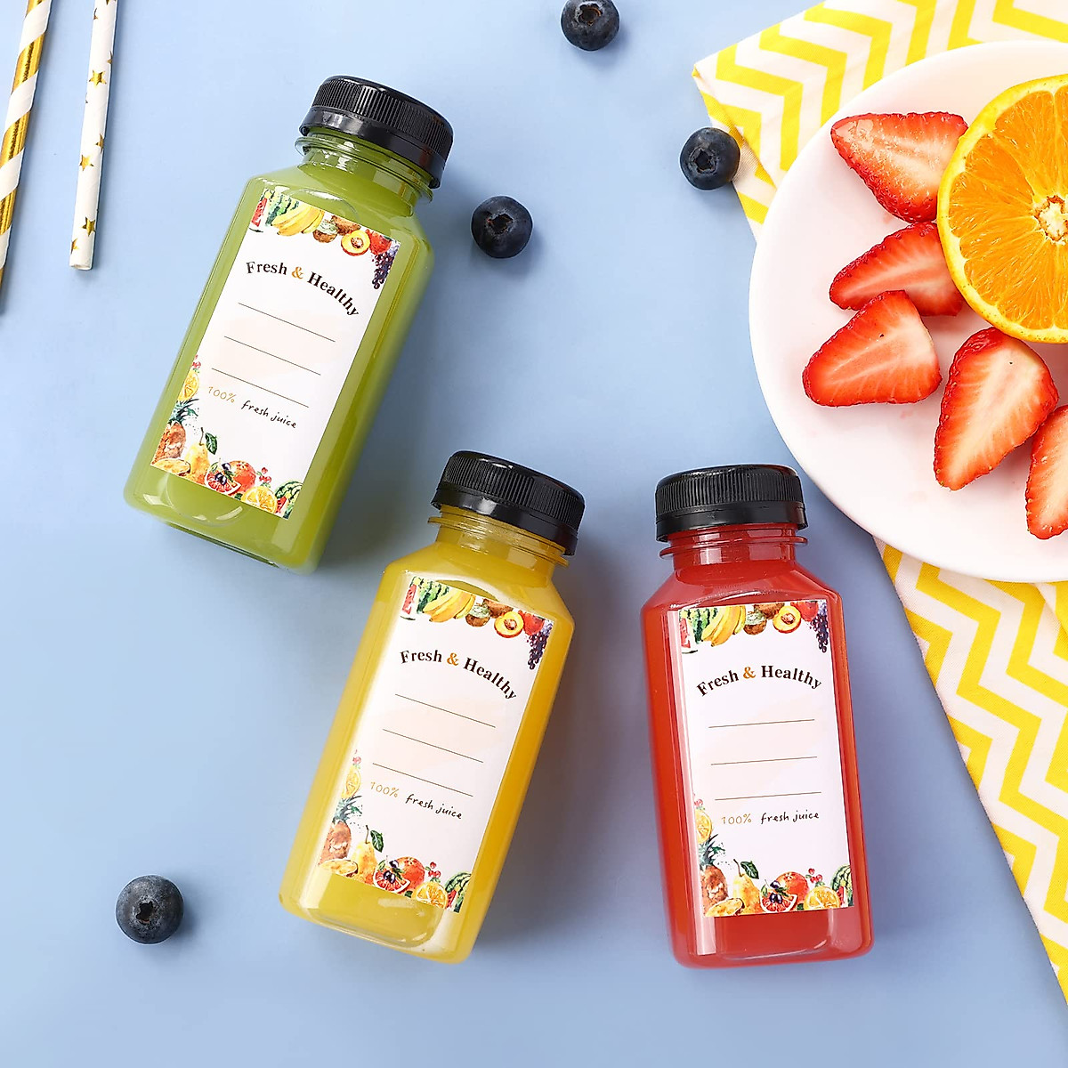 Moretoes 16pcs 8oz Plastic Juice Bottles with Caps, Reusable Juicing Bottles for Juice Milk Smoothie and Other Beverages