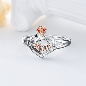 POPKIMI Mom Ring Gifts for Mom Best Gifts for Mom 925 Sterling Silver Jewelry I Love You Mom Ring Rose Flower Love Heart Ring for Women (9)
