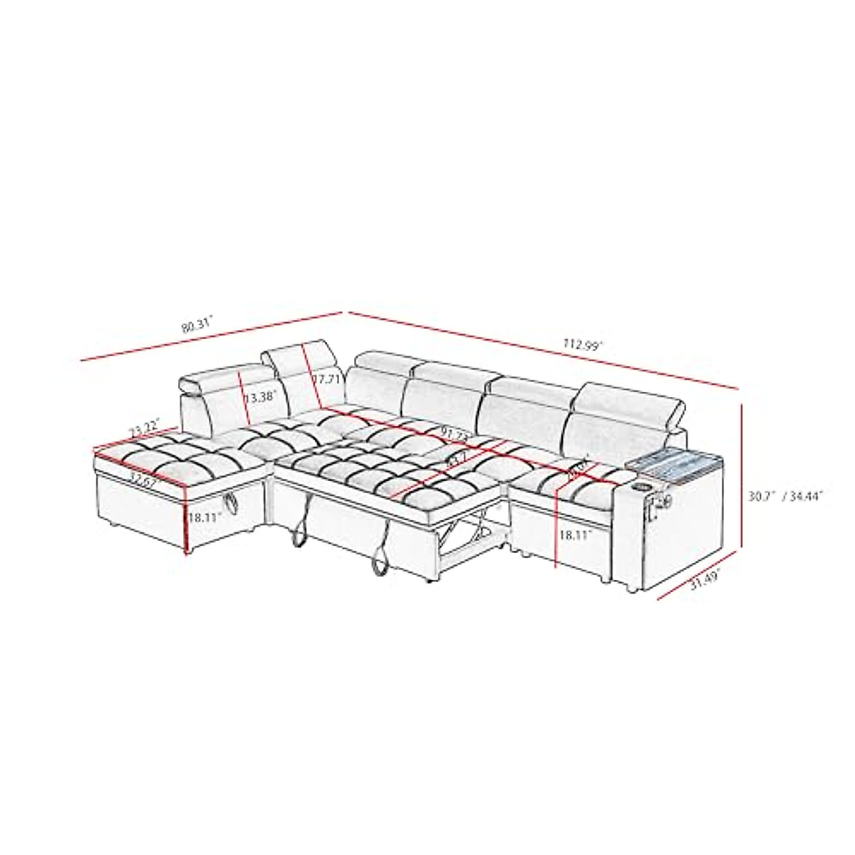 Microfiber Sectional Sleeper Sofa with Pull-Out Bed , 5 Seater Convertible L-Shaped Couch with Adjustable Headrest , Storage Armrest , Ottoman ,Cupholder ,360° Rotated Table ,USB Ports for Living Room