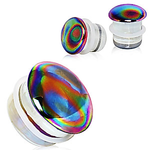Pierced Owl Glass Aurora Rainbow Single Flare Plug Gauges with Clear Silicone O-Ring, Sold as a Pair (22mm (7/8"))