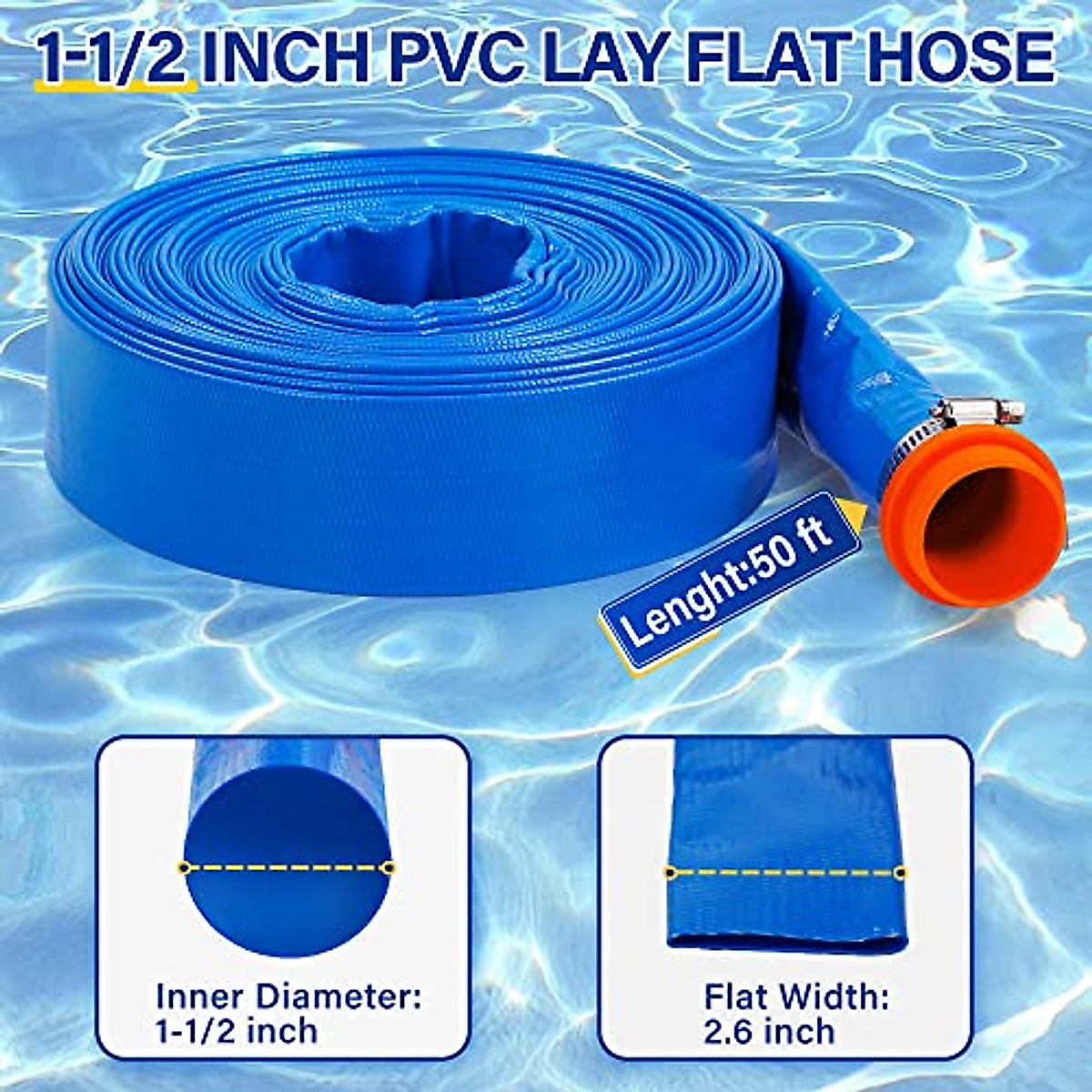 Acquaer 1-1/2" x 50 FT Pool Backwash Hose, Heavy Duty Reinforced PVC Lay Flat Discharge Hose, Weather and Burst Resistant, with 2 Hose Clamps and a Connector for Inground Swimming Pool Pump Draining