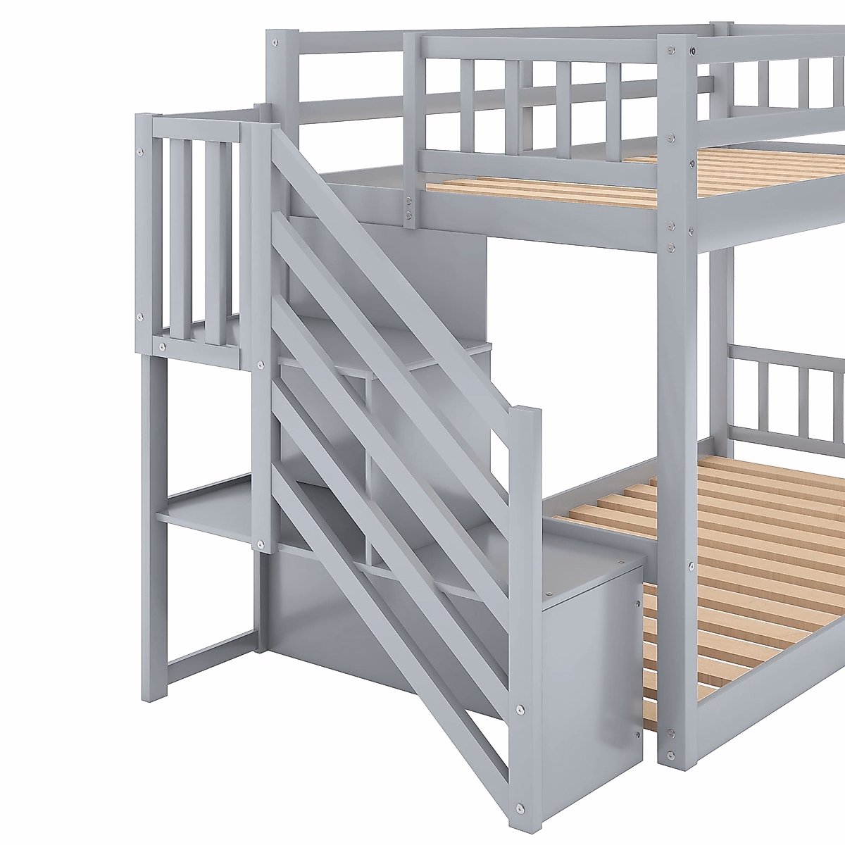 Harper & Bright Designs Low Bunk Beds for Kids, Wood Twin Over Twin Bunk Bed with Stairs,Floor Bunk Beds with Storage Shelf for Girls Boys,Grey