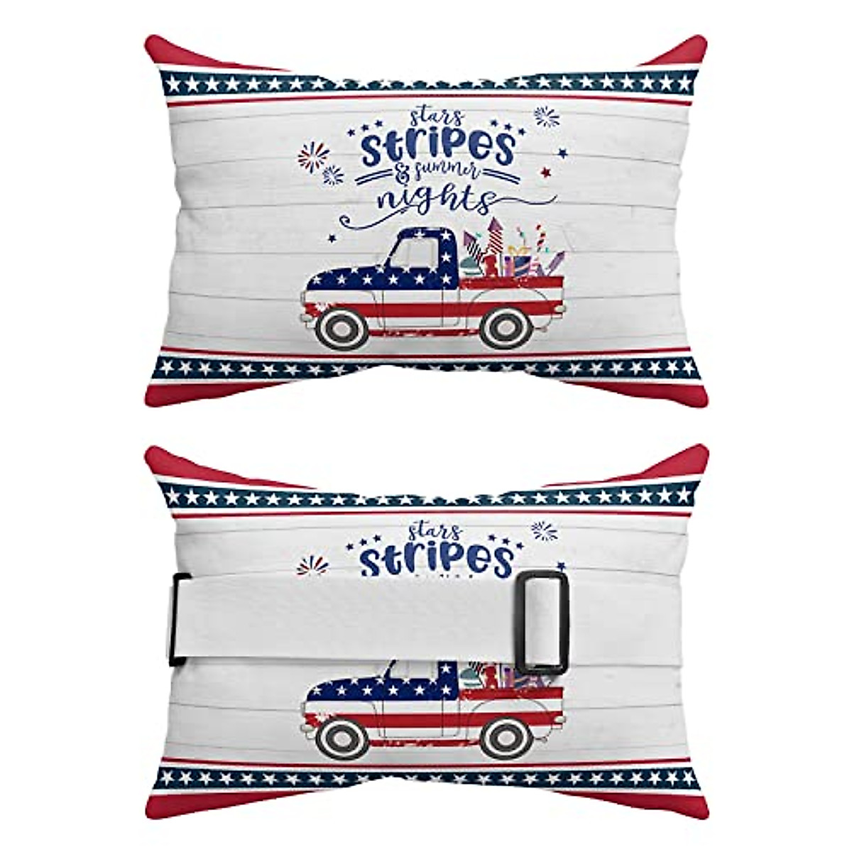 Recliner Head Pillow Ledge Loungers Chair Pillows with Insert 4th of July Truck Red and Blue Stripes Wood Lumbar Pillow with Adjustable Strap Outdoor Waterproof Patio Pillows for Beach Pool, 2 PCS