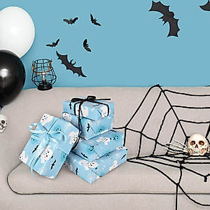 12 Sheets Halloween Wrapping Paper Blue Ghost Pumpkin Bat Printed Gift Wrap Paper Folded Flat Art Decorative Paper for Happy Boo Day Gifts Wrapping Baby Shower DIY Crafts, 19.7 x 27.5 inch