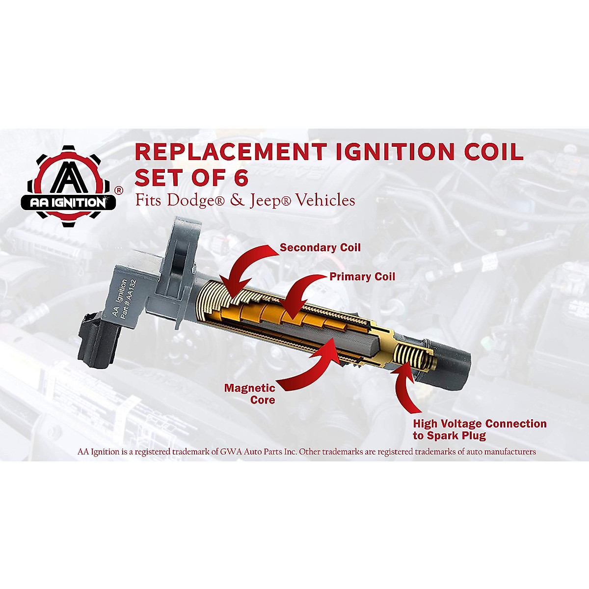 Ignition Coil Pack Set of 6 - Replaces 56028138AF, C1231 - Compatible with Dodge, Jeep Vehicles - 2002-2008 Ram 3.7 & 4.7L - 2000-2008 Dakota, Durango - 2002-2008 Grand Cherokee, Liberty