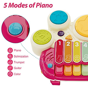 Popsunny Baby Musical Toys, 5 in 1 Toddler Drum Set Electronic Piano Keyboard Xylophone with Lights, Music Instruments Learning Toys Gifts for Boys Girls 1 2 3 Years Old