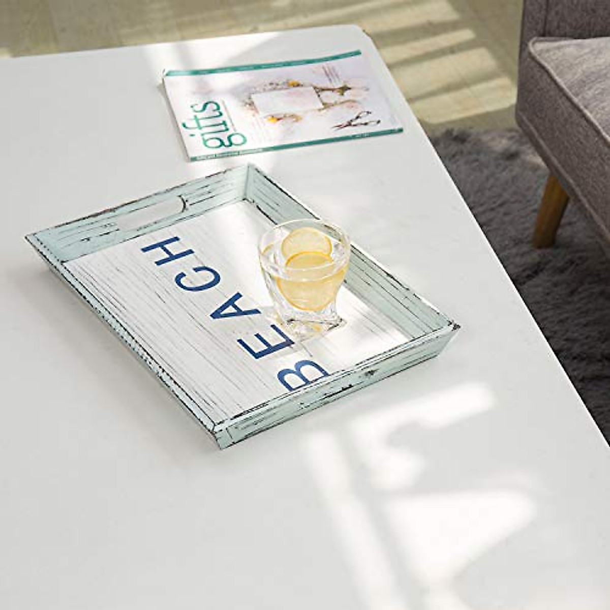 MyGift 16-inch Beach Theme Wooden Large Serving Tray with Handles, Decorative Whitewashed Blue Ottoman Tray for Living Room