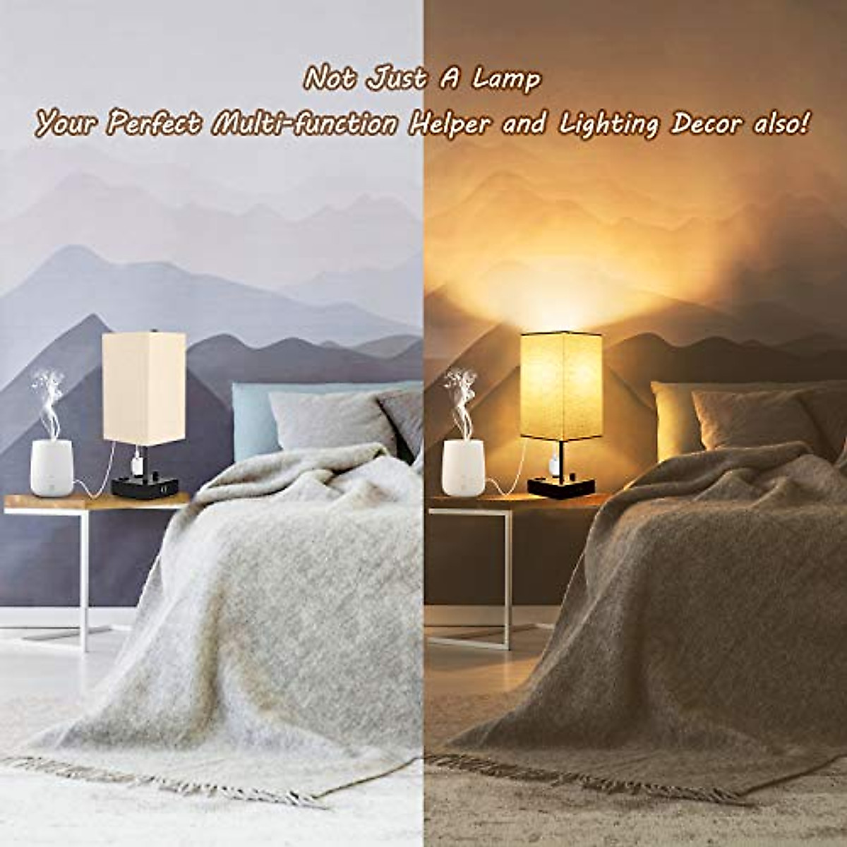 Upgraded Fully Dimmable USB Bedside Table Lamp Set of 2, Nightstand Table Lamps with 2 USB Charging Ports 2 AC Outlets, Square Fabric Shade Modern Desk Lamp Set for Bedroom Living Room, Bulbs Included