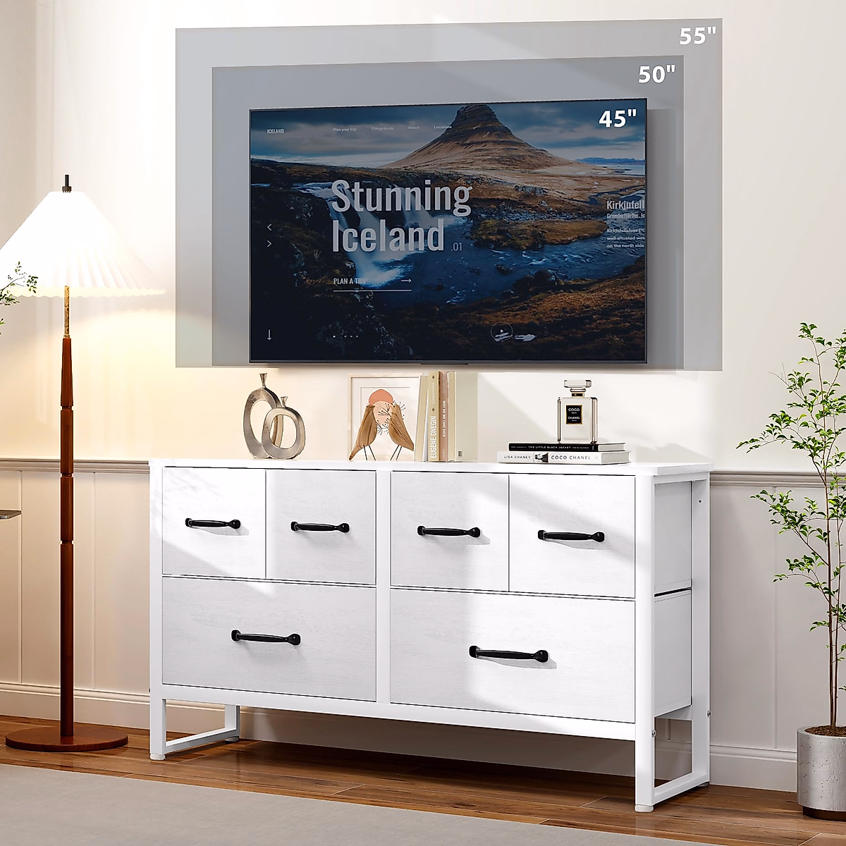 LYNCOHOME Dresser TV Stand, White Dresser for Bedroom with 6 Drawers,Wide Dresser with Sturdy Frame & Wood Top for Storage in Bedroom,Entryway,Hallway
