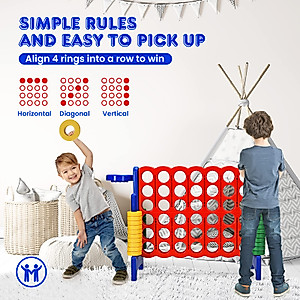 HONEY JOY Jumbo 4-to-Score Giant Game Set, 3-in-1 Indoor Outdoor Family Yard Game Set w/Basketball Hoop & Ring Toss, 42 Jumbo Rings, Quick-Release Slider, Giant 4-in-A-Row for Kids & Adults