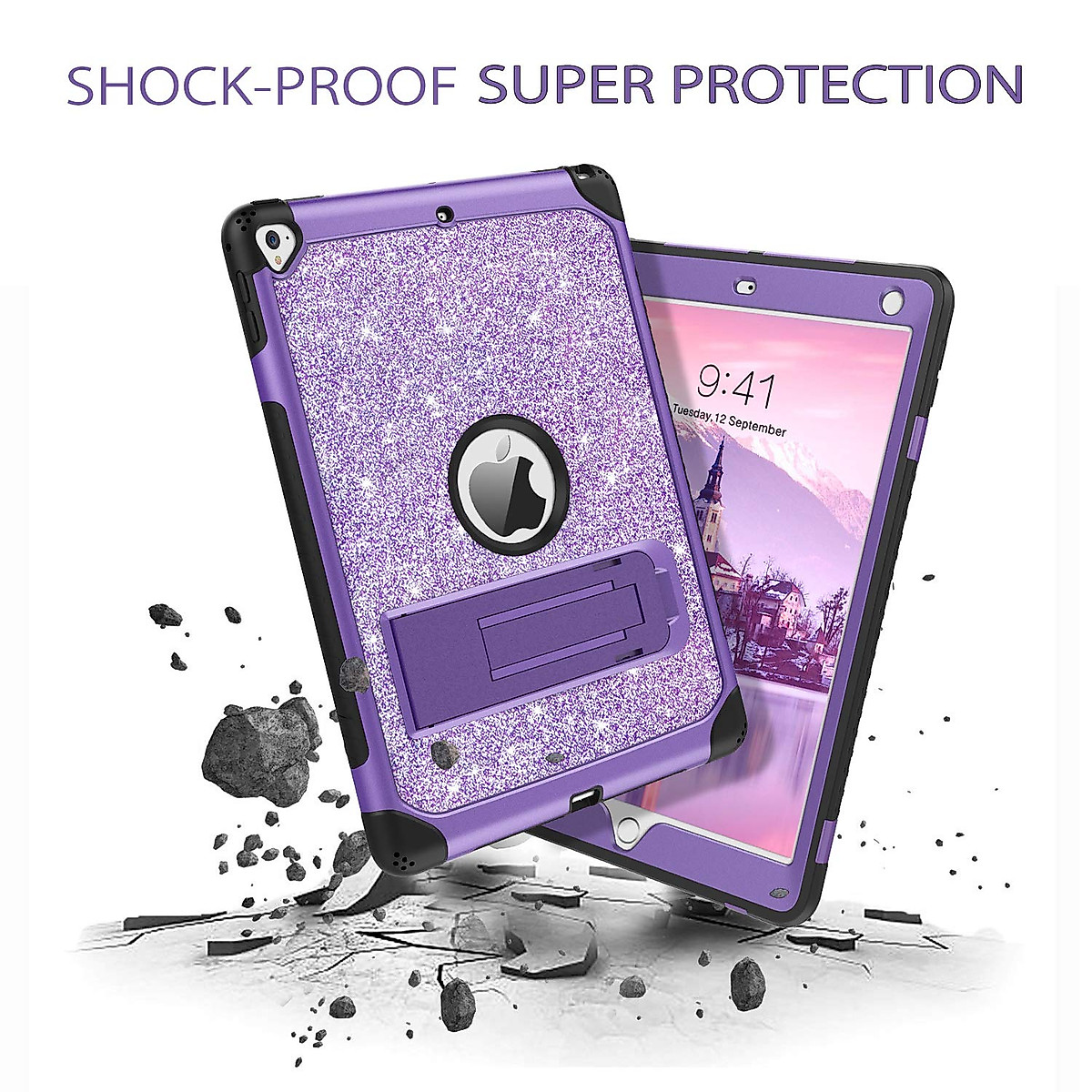 DUEDUE for iPad 9.7 Case 2017/2018, iPad Air 2 Case, iPad 6th/5th Generation Case with Kickstand Glitter Bling 3 in 1 Heavy Duty Hard PC Cover Shockproof Protective Case for iPad Pro 9.7, Purple