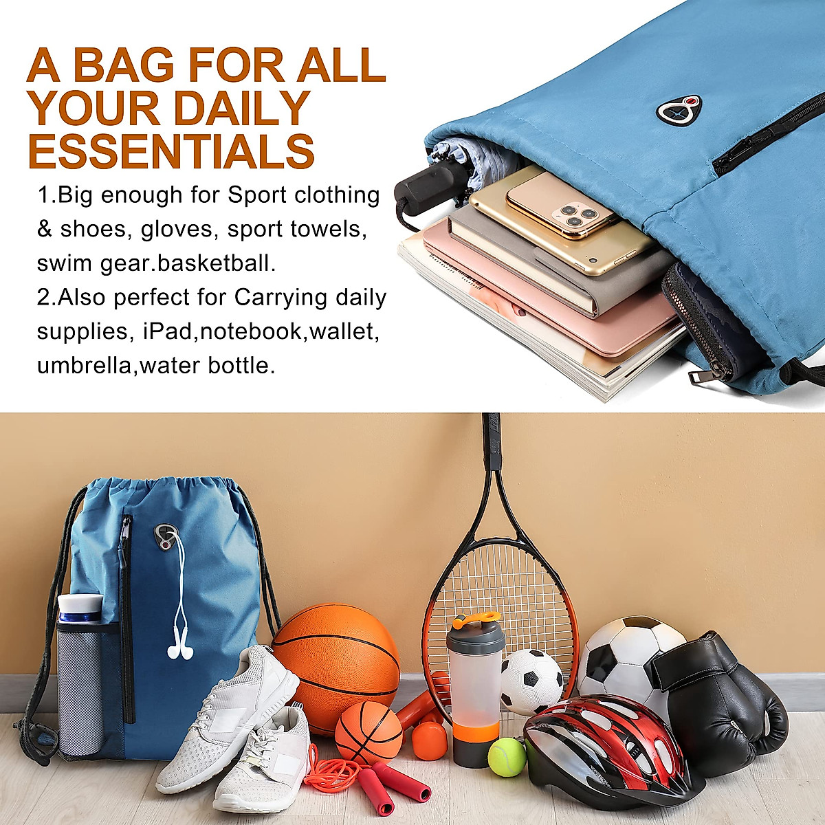 BeeGreen Blue Drawstrings Backpack Gym Sack For Men With Water Bottle Pocket &Front Zippered Pocket Large Sting Bags For WomenTraveling Yoga Beach Outdoor Gym