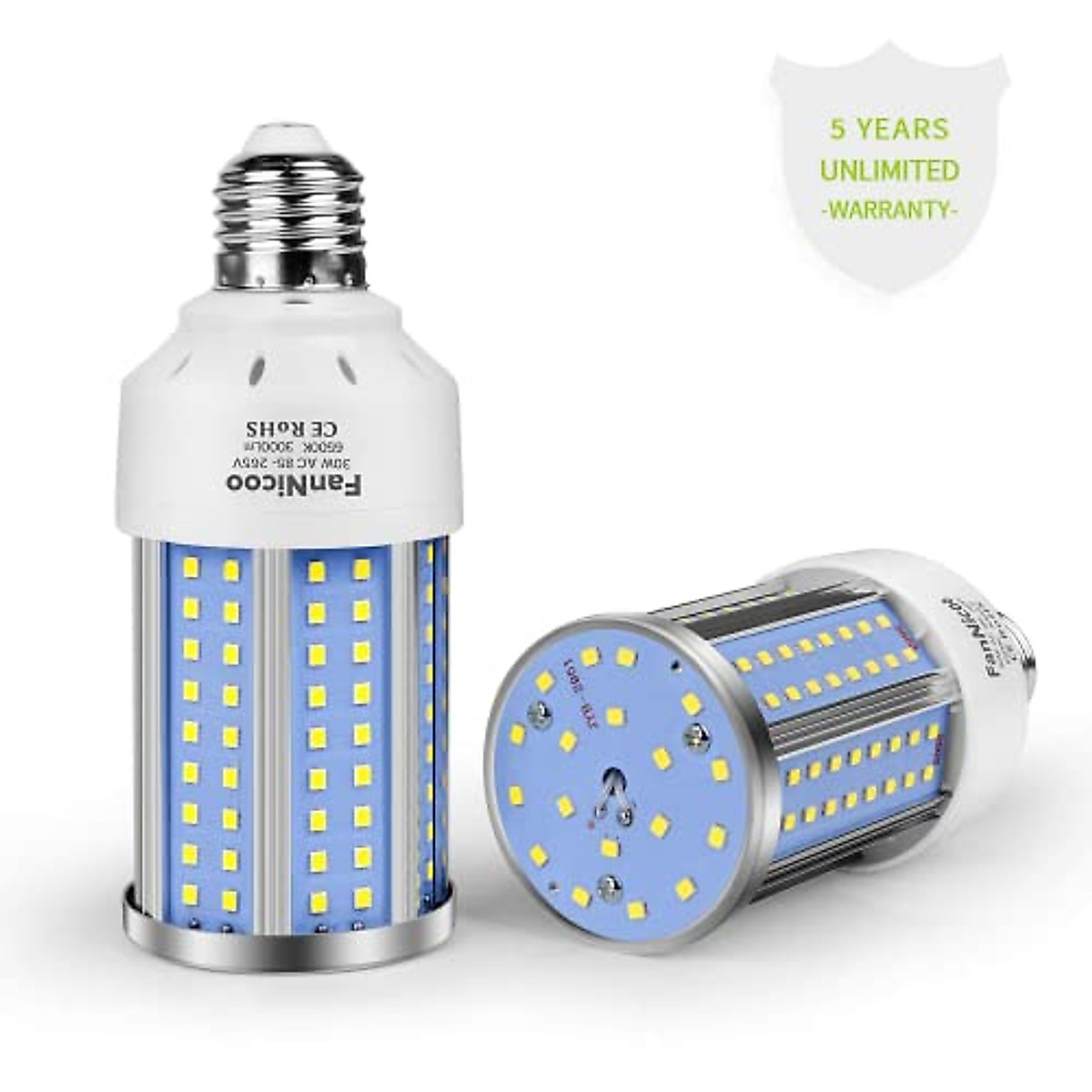 2-Pack 200W Equivalent LED Corn Light Bulb 3000 Lumen 6500K Cool White Daylight 30W LED Corn Lamp E26/E27 Medium Base for Indoor Outdoor Warehouse Garage Basement Backyard Factory Barn and Many Areas