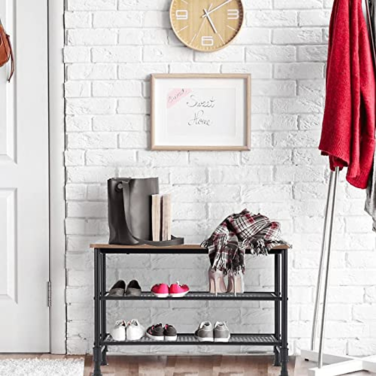 TEAKMAMA 3-Tier Shoe Bench, Shoe Rack, Shoe Shelf Storage Bench with Metal Mesh Shelves and Seat, Wood Free Standing Shoe Organizer for Entryway, Outdoor, Living Room