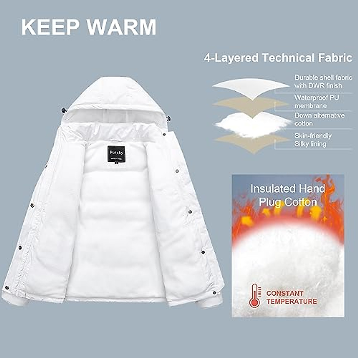 Pursky Women's Winter Coats Lightweight Long-Sleeve Full-Zip Water-Resistant Packable Hooded Puffer Jacket White 2XL