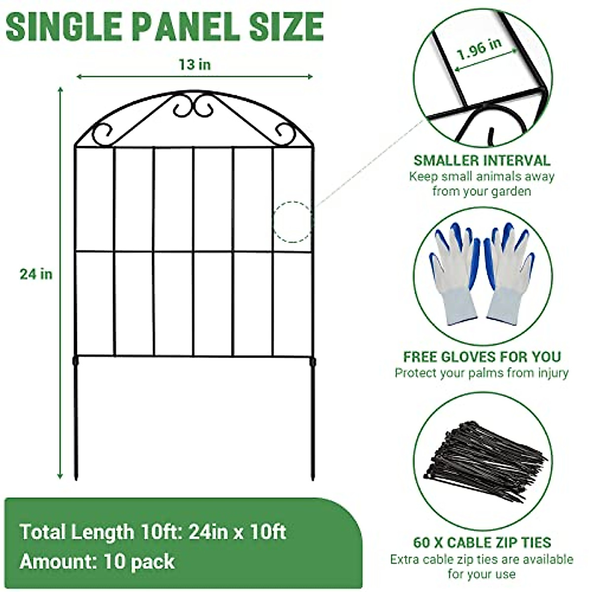 COLRASN Decorative Garden Fence, 10 Pack Garden Fence Border, Total 10ft (L) x 24in (H) Outdoor Metal Garden Edging Fence, Flower Bed Fencing for Landscape Patio, Plant, Outdoor Decor, Arched