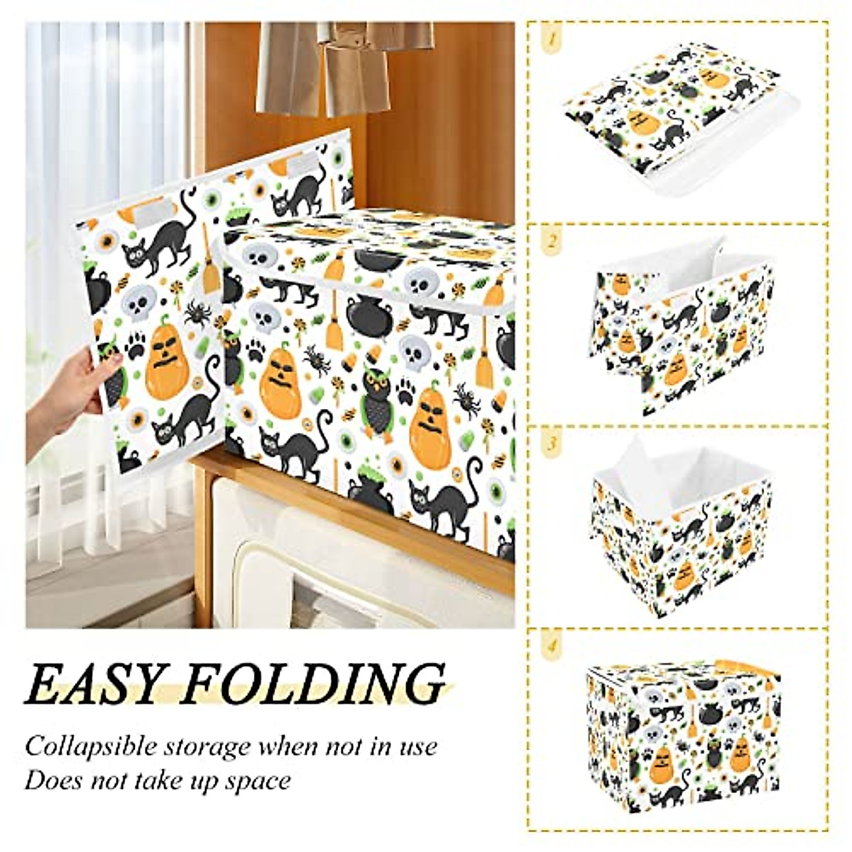 innewgogo Happy Halloween Pumpkins Cat Owl Skull Storage Bins with Lids for Organizing Closet Organizers with Handles Oxford Cloth Storage Cube Box for Books