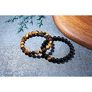 Jovivi 2pcs 8mm Black Obsidian & Tiger Eye Healing Crystal Stone Stretch Bracelets Handmade Natural Round Gemstone Beaded Energy Beads Chakra Bracelet for Women Men Couples Distance Gifts