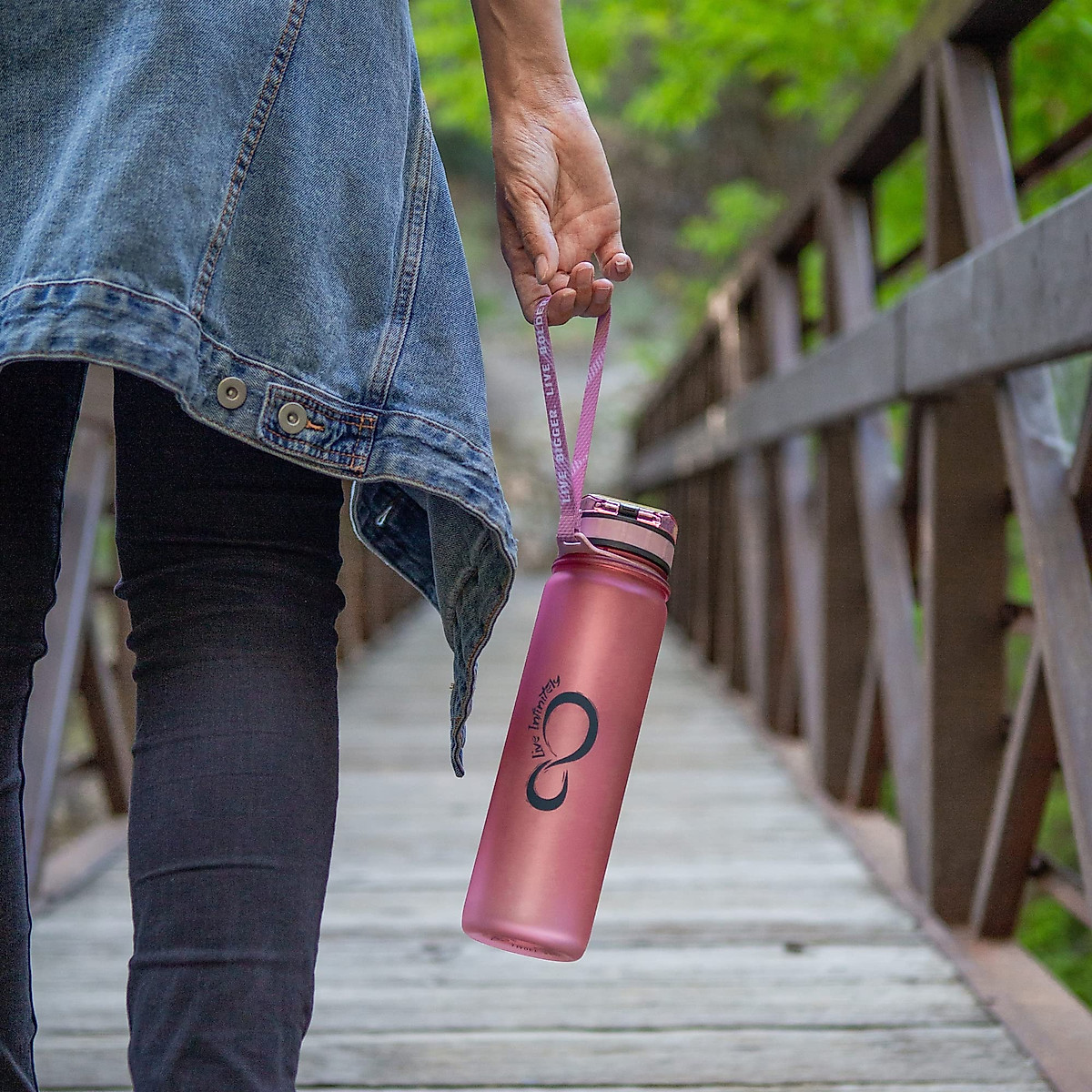 Live Infinitely 34 oz Gym Water Bottle with Time Marker - Fruit Infuser Screen BPA Free 1 Liter Water Bottle - Locking Flip Top Lid & Durable Travel Bottle Coating (Rose 34oz)