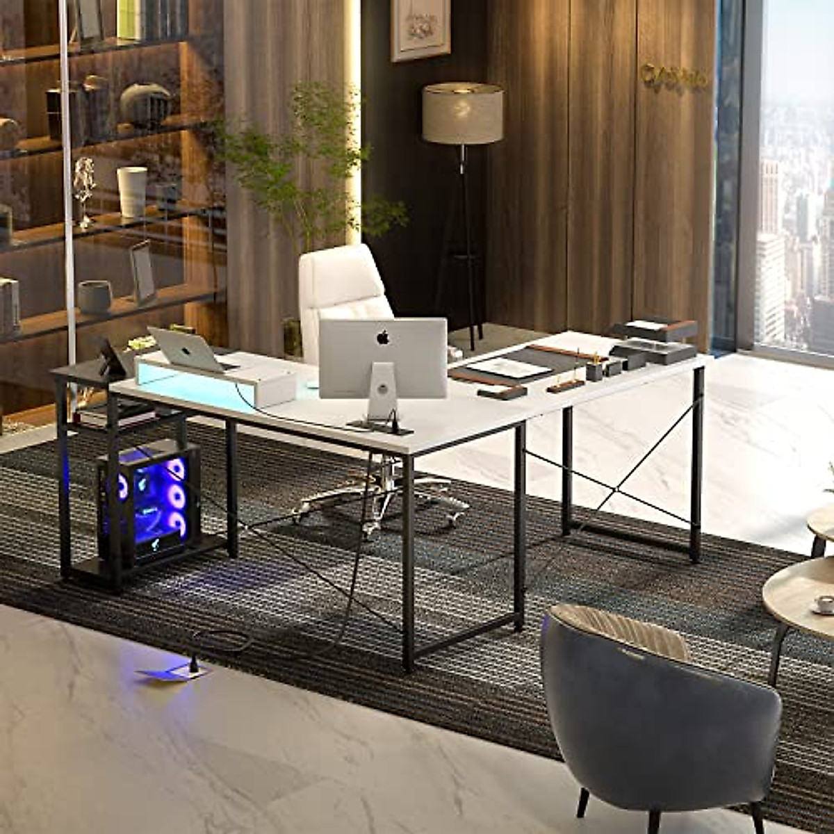 Cyclysio L Shaped Desk with Power Outlets and USB Ports, Reversible L Shaped Gaming Computer Desk with LED Light, 83.5'' Large 2 Person Desk with Monitor Stand, L-Shaped Corner Desk, White and Black