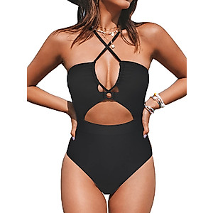 CUPSHE Women's One Piece Swimsuit Plunge Neckline Cutout Criss Cross Bathing Suit Black M
