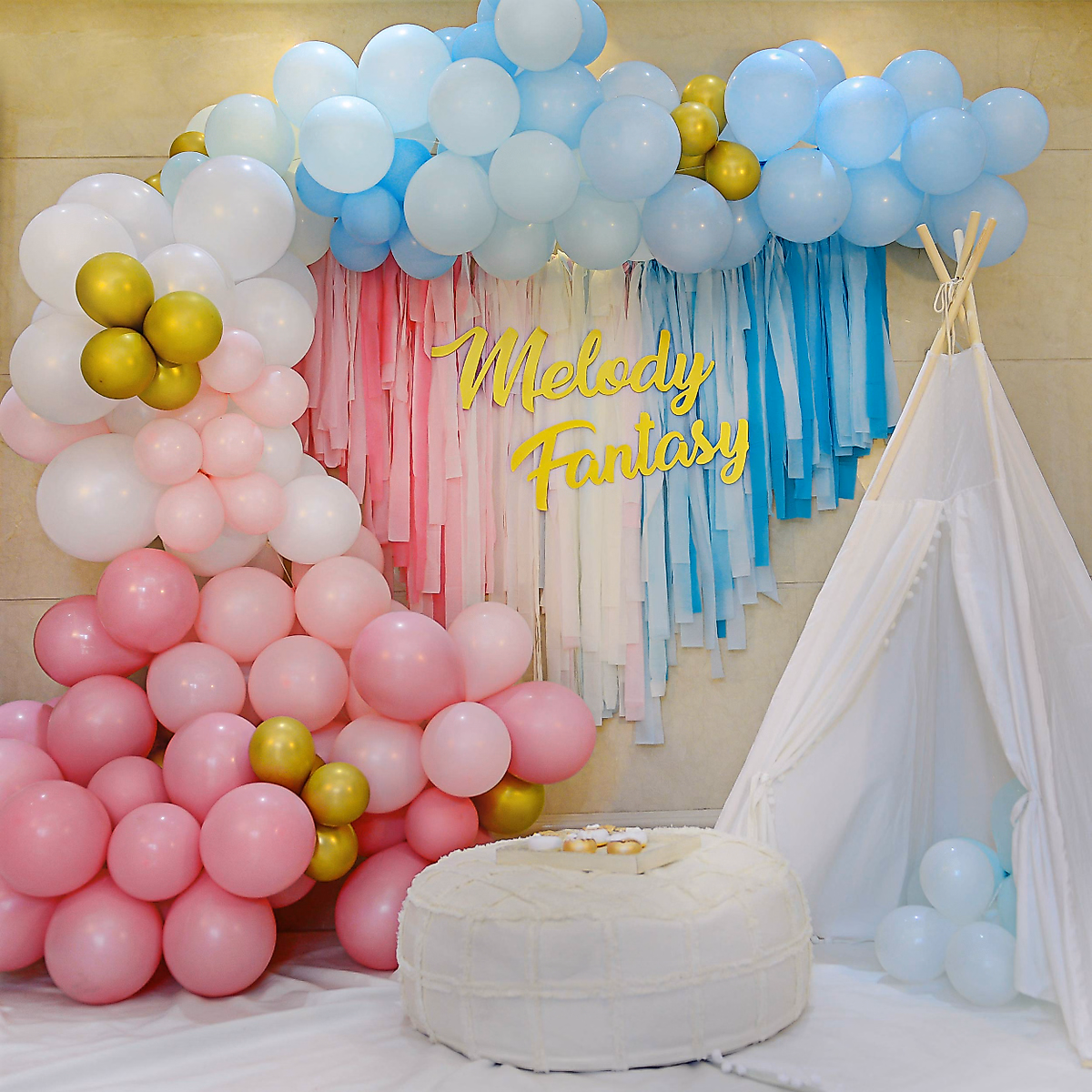 melody fantasy 200 Plastic Strips Pink Blue White Streamers Backdrop Pastel Streamers Fringe Backdrop for Gender Reveal Party Background Streamers Decorations Winter Wonderland Baby Shower Birthday