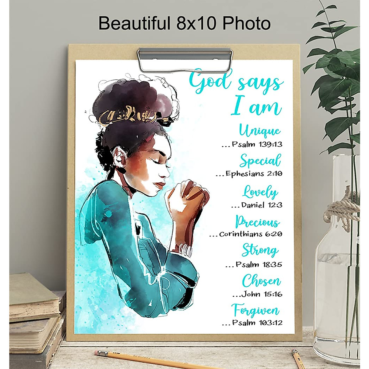 Bible Verse Wall Art & Decor - African American Women - God Says You Are - Inspirational Motivational Poster - Religious Christian Scripture Encouragement Gifts - Black Girls Bedroom - Blue - 8x10