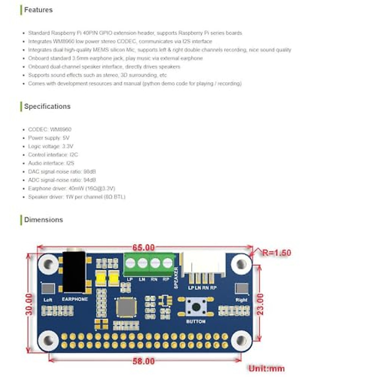 Waveshare WM8960 Hi-Fi Sound Card HAT Stereo CODEC Playing and Recording I2S Interface for Raspberry Pi Zero/Zero W/Zero WH/2B/3B/3B+